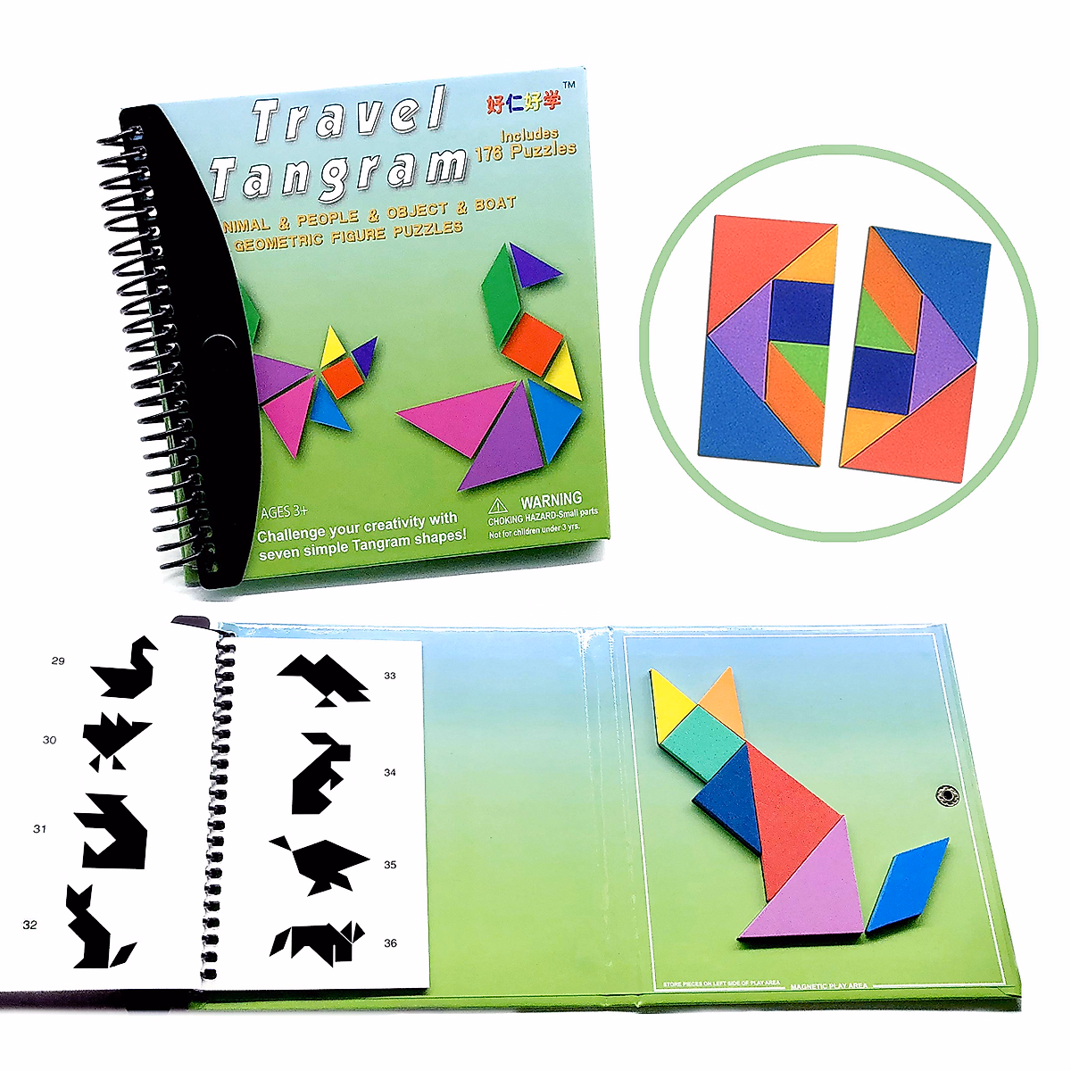 Wallxin Travel Tangram Puzzle - Magnetic Pattern Block Book Road Trip Game Jigsaw Shapes for Kids Adult Challenge IQ Educational Toy Gift Brain Teasers-2 Set of Tangrams