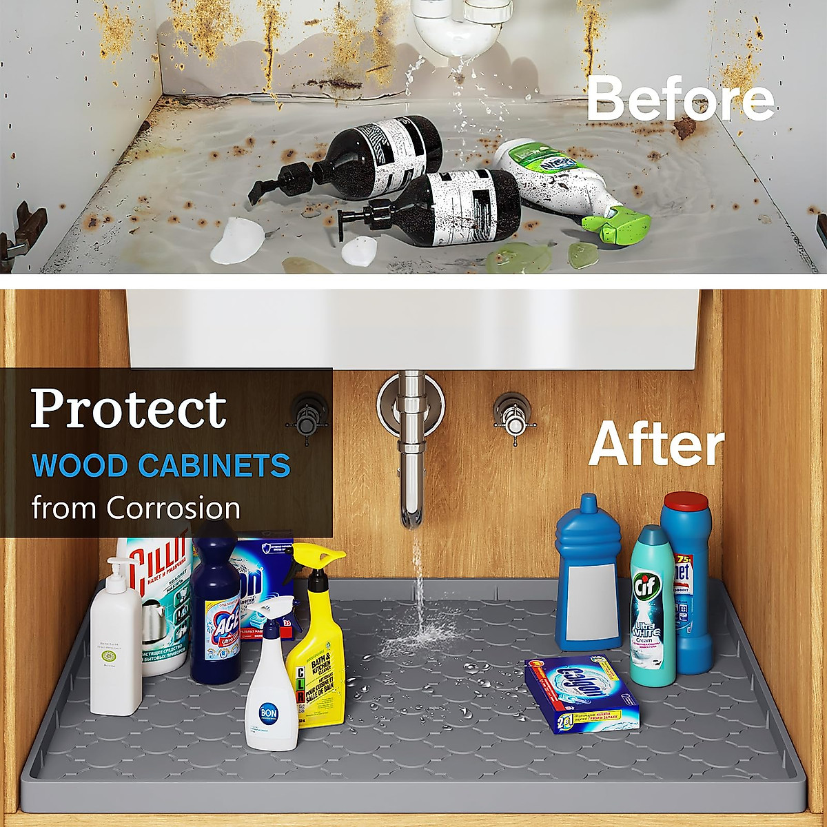 Waterproof Under Sink Mat, 34'' x 22'', Silicone Under Sink Liner for Kitchen Bathroom, Under Kitchen Sink Organizers and Storage, Cabinet Shelf Protector, Flexible Under Sink Drip Tray, Dark Grey