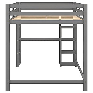 GLORHOME Full Size Wood High Loft Bed with Built in Side Desk, Shelves and Safety Guard Rails, Space Saving Bedroom Furniture for Kids Teens Adults, Grey