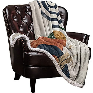 Mid Century Sherpa Flannel Throw Blankets,Boho Abstract Leaf Thick Reversible Plush Fleece Blanket for Bed Couch Sofa,Geometric Minimalist Aesthetic Ultra Soft Comfy Warm Fuzzy TV Throws 40x50in