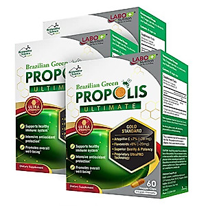 LABO Nutrition Brazilian Green Propolis Ultimate - Contains >7% or 28mg/Serving Artepillin C & >5% Flavonoids, for Immune & Brain Support, Natural, High Concentrate & Premium, 60 Veg Capsulesx3