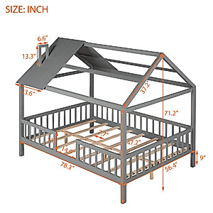 SOFTSEA Full Size House Bed with Storage Drawers, Wood Bed Frame with Guardrails and Slide Ladder, House Shaped Bed for Kids, No Box Spring Needed, White