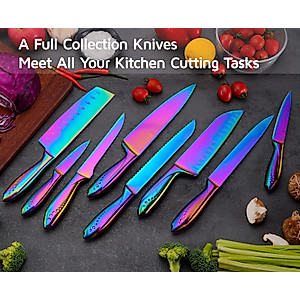 WELLSTAR Rainbow Knife Set 16 Pieces with 8 Knives and 8 Blade Guards, Iridescent German Stainless Steel Kitchen Knives with Durable Sheath Cover, Colorful Titanium Coated Chef’s Cooking Knife Set