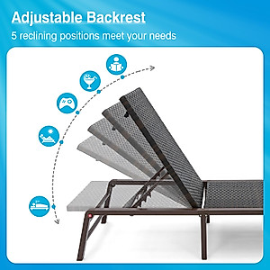 FHVIT Outdoor Chaise Lounge Set of 2, Assemble-Free Aluminum Lounge Chairs for Poolside Outside Sunbathing, Backyard Lay Flat Patio Lounge Chairs, Rattan Brown