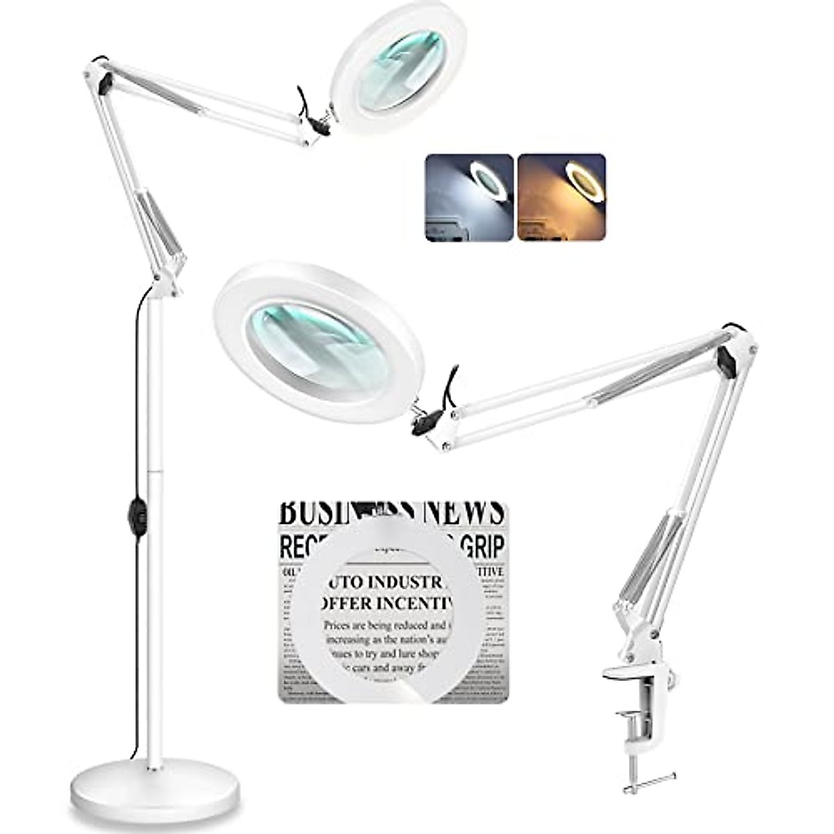 TOMSOO 4-in-1 Magnifying Glass with Light, White/Warm White Lighted Magnifier Lens - Adjustable Swivel Arm Full Spectrum LED Magnifying Floor Lamp with Clamp for Reading, Crafts, Close Work (White)