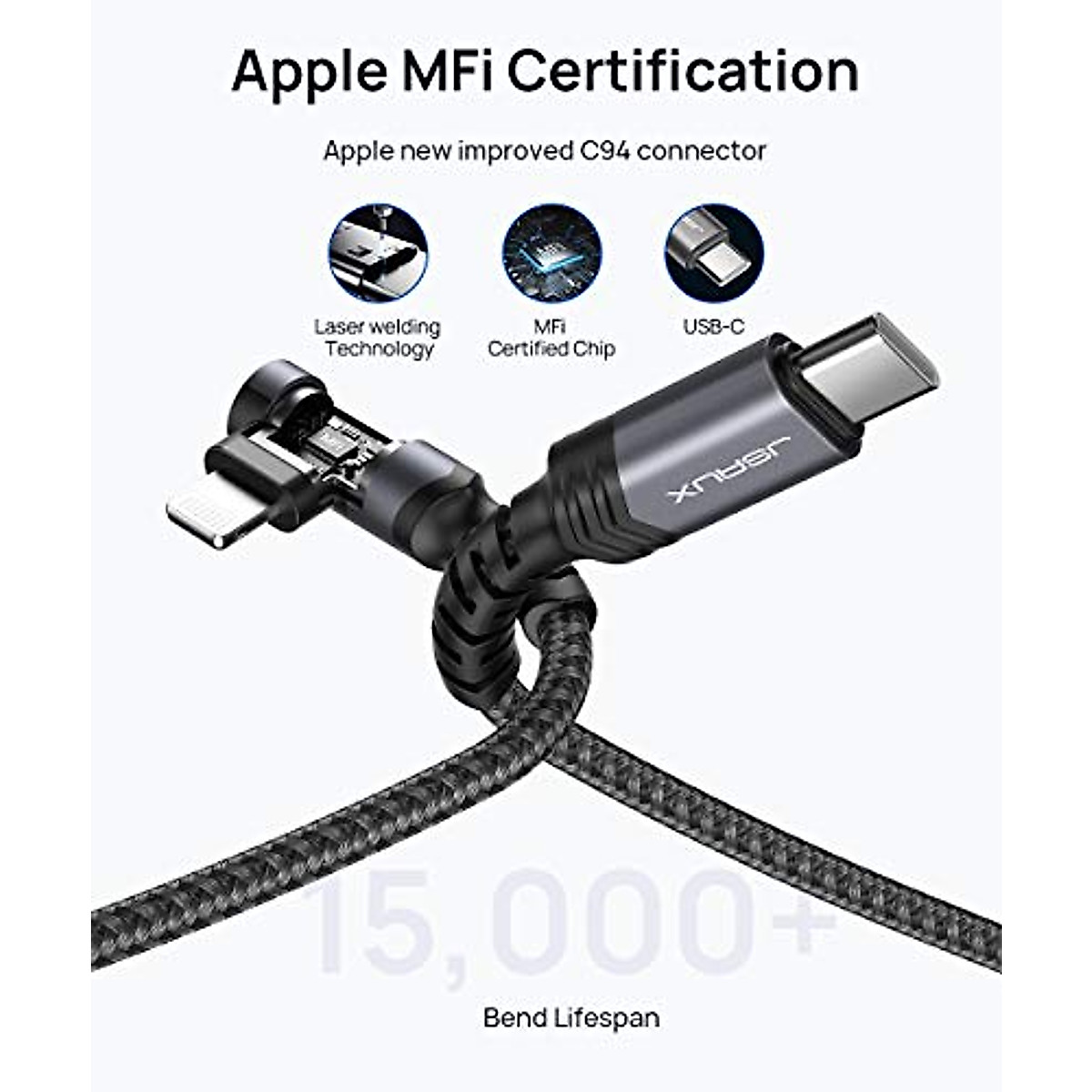 JSAUX 90 Degree USB C to Lightning Cable 6ft, [Apple MFi Certified] Right Angle iPhone 14 Charger Cable with iPhone 14/13 Pro/13 Pro Max/12 Pro/11 Pro Max/X/XS/XR/8, iPad 9th 2021, AirPods Pro (Grey)