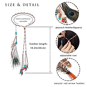 Campsis Indian Peacock Feather Headbands Boho Princess Head Chain Bule Adjust Headdress Handmade Rope Hair Accessories for Women and Girls (G)
