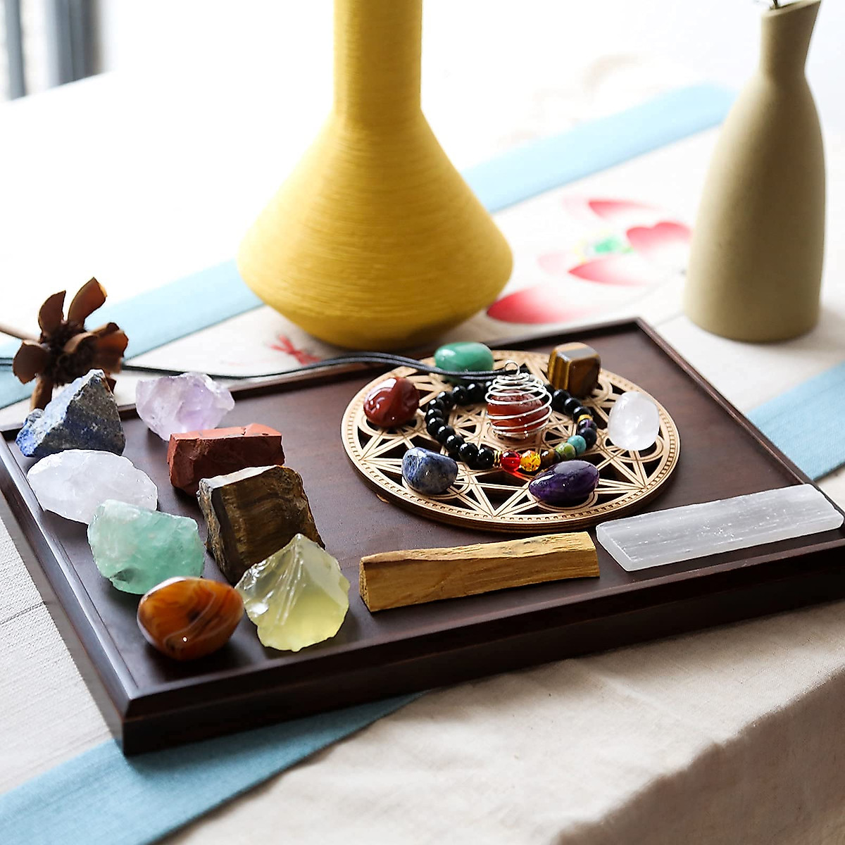 Crystals and Healing Stones, Healing Crystals for Beginners Set Gifts for Mothers Day, Include 7 Chakra Stones, 7 Tumbled Stones, Bracelet, Necklace, Selenite, Palo Santo for Positive Energy