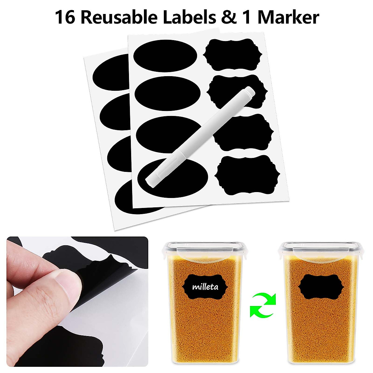 Airtight Food Storage Containers Set-Kitchen and Pantry Organization 16 Pack, BPA-Free Plastic Containers with Lids for Dry Food, Cereal, Flour & Sugar, Include Labels, Marker & Spoon Set