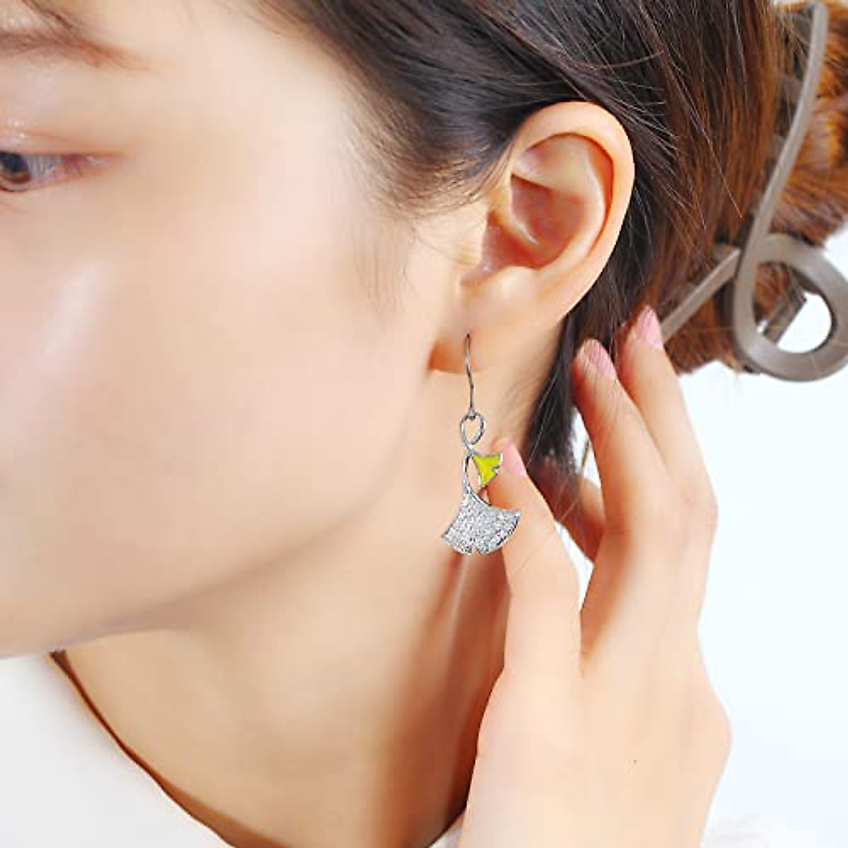 Ginkgo Leaf Earrings Hypoallergenic Titanium Dangle Earrings For Women, Sparkly Cubic Zirconia Enamel Drop Earrings Lightweight Handmade, Pure Titanium Earrings Hooks for Sensitive Ear