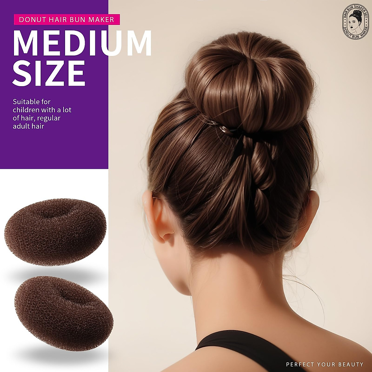 Teenitor Donut Hair Bun Maker Set - 7 Rings (1 Extra-Large, 2 Large, 2 Medium, 2 Small), 5 Elastic Bands, 20 Hair Pins, Dark Brown