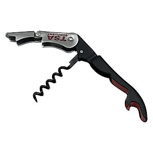 TSA Compliant Corkscrew Bottle Opener, Black Double Hinged, Stainless Steel Wine Key (1 Pack)