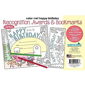 BARKER CREEK Recognition Awards and Bookmarks, Color Me Happy Birthday, 30 Double-Sided Awards and 30 Double-Sided Bookmarks, Awards are 6-3/8" x 5-1/2", Bookmarks are 2-1/8" x 5-1/2" (427)