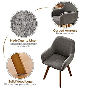 Art Leon Desk Chair No Wheels, Set of 2, Mid Century Modern Swivel Accent Chair, Linen Fabric Upholstered Office Chair Without Wheels, Solid Wood Legs, Gray