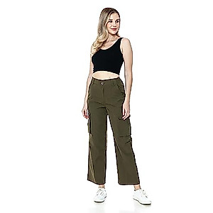 Leggings Depot High Waisted Women’s Straight Wide Leg Trousers w/Pockets, Baggy Cargo Pants, Military-Large