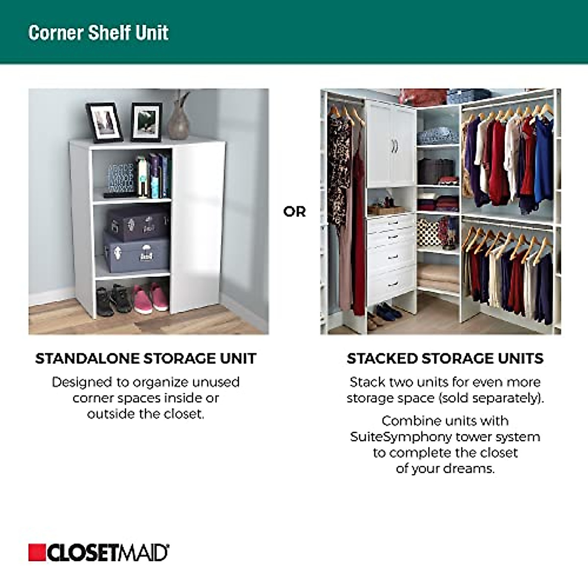 ClosetMaid SuiteSymphony Wood Corner Shelf Unit, 2 Shelves, Adjustable Stacking, for Storage, Closet, Clothes, Shoes, Décor, Graphite Grey