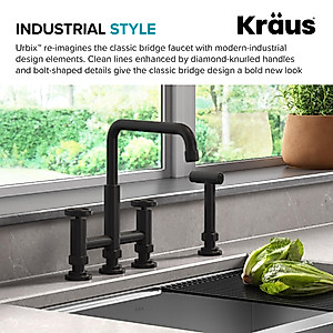 KRAUS Urbix Color-Changing Industrial Bridge Kitchen Faucet with Side Sprayer and ColorSmart Technology in Matte Black/Grey, KPF-3125MBGRCC