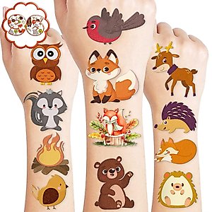 Woodland Temporary Tattoos Sticker for Kids Birthday Party Supplies Decorations Party Favors 96PCS Tattoo Forest Autumn Fall Animal Super Cute Themed Cute Kids Boy Gifts Ideal School Prizes