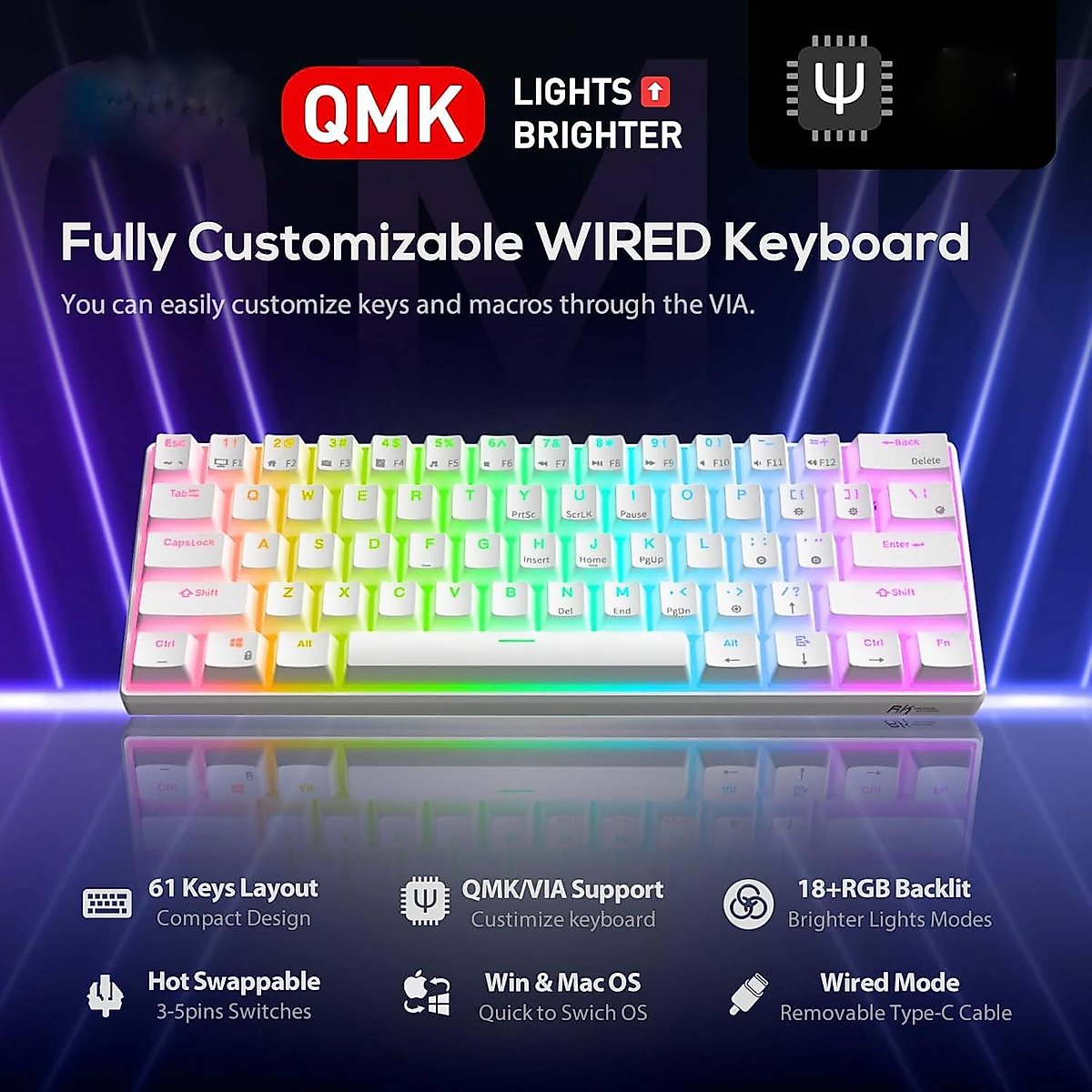 Gaming Keyboard for Girl, 60 Percent Keyboard Color Cute Keyboard with , Wired Mechanical Keyboard for Gaming Office White