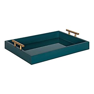 Kate and Laurel Lipton Mid Century Modern Decorative Wood Tray with Brushed Gold Metal Handles, Dark Teal