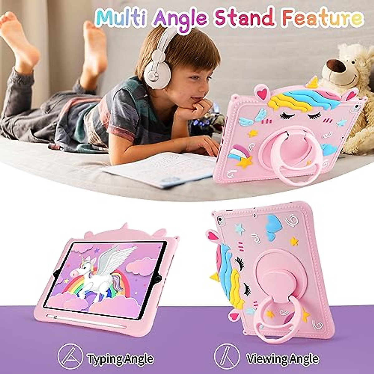 VOFUOE for iPad 6th 5th Generation Case, iPad 9.7 Case with Screen Protector Dolls Straps Stand Pencil Holder,Soft Silicone Cover Kids for iPad Pro 2016/iPad Air 2th,iPad 6th/5th 9.7'' 2018 2017-Pink