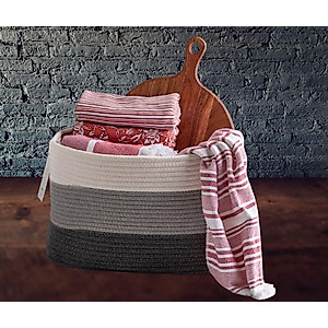 PJGOODS- 3-Pack Cotton Woven Storage Basket with Handles, Great for Organizing Laundry, Blankets, Dog Toys, Baby Toys, Perfect for the Kitchen, Bathroom, Bedroom, Living Room,15x10x9, Beige/White