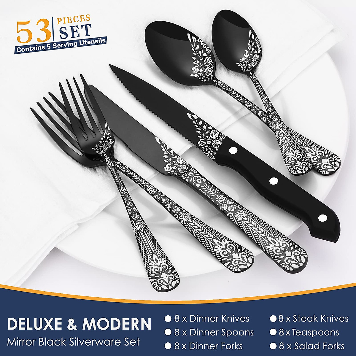 EUIRIO 53-Piece Black Silverware Set with Serving Utensils, Black Flatware Set for 8, Stainless Steel Mirror Cutlery Set, Spoons Forks Knives with Unique Floral Laser, Tableware Set, Dishwasher Safe