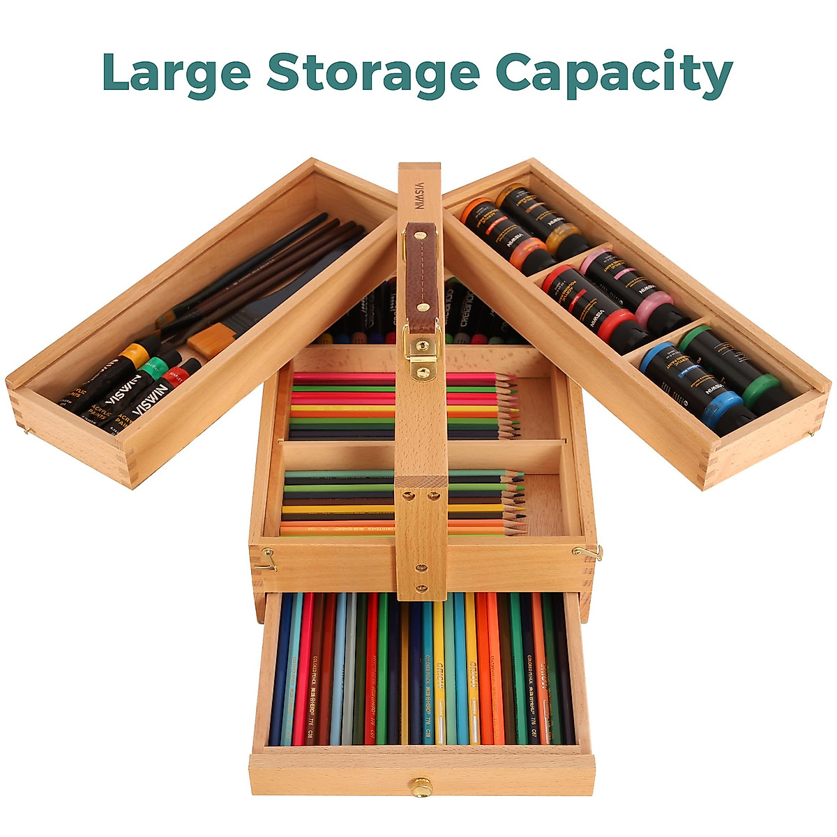 VISWIN Multi-Function Artist Storage Box, Portable Solid Beech Wooden Tool Box with Drawer, Three Layers Art Supplies Storage Box for Paint Brush, Pen, Pastel, Paining Supplies, 13 1/2" x9 1/2"x5"