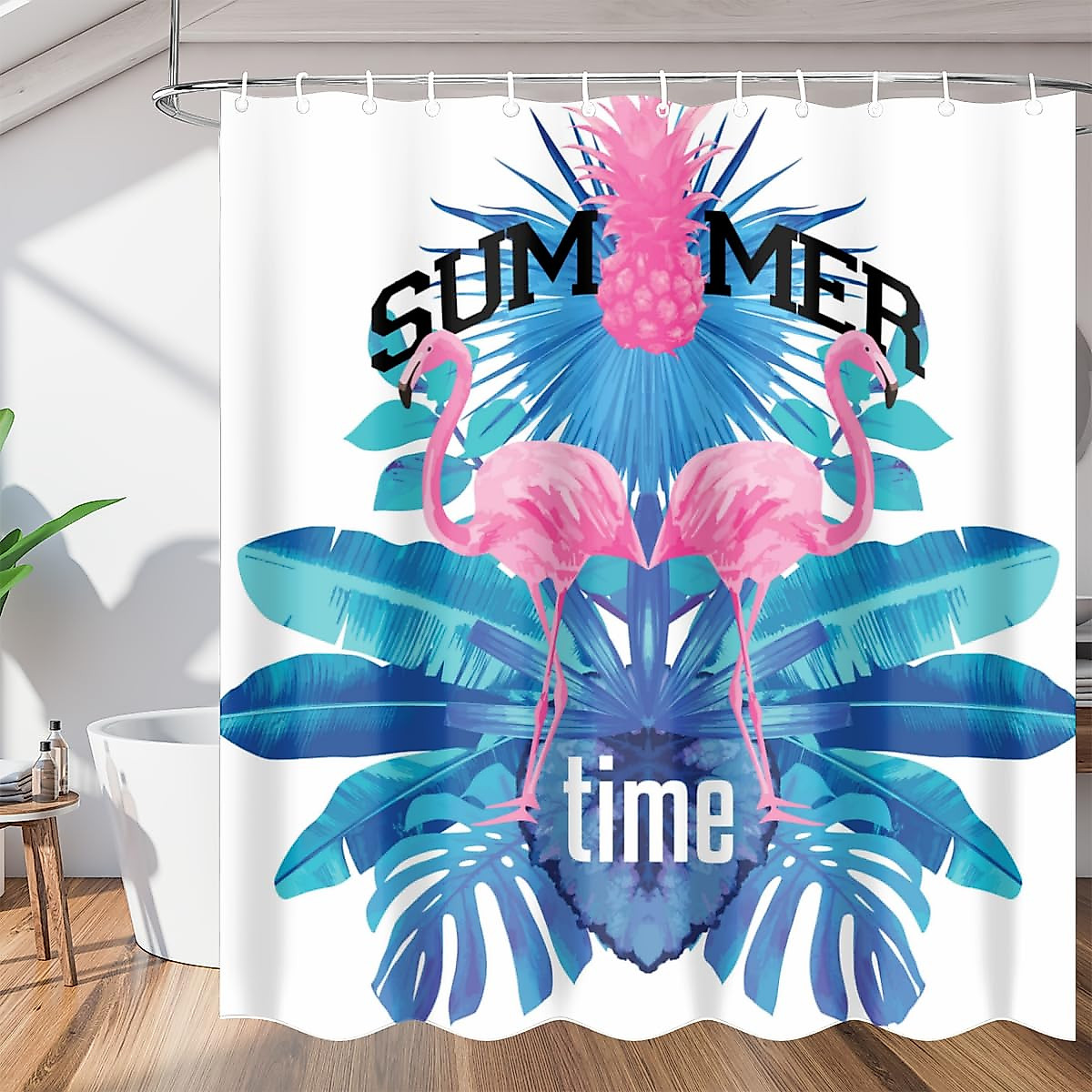 Aglebo Watercolor Tropical Flamingo Palm Leaves Shower Curtain Fabric Shower Curtain Set with 12 Hooks Water-Proof 72 * 72 Inches for Bathroom Beach Caravan Hotel