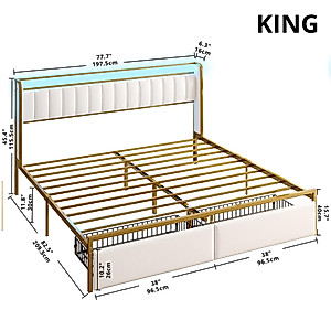 LIKIMIO King Bed Frame with Armrests Headboard & RGB Light, Modern Upholstered Bed Platform with Drawers, No Box Spring Needed, Study & No Noise Gold and White