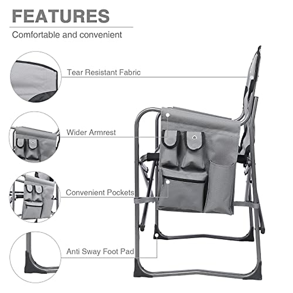 EVER ADVANCED Lightweight Folding Directors Chairs Outdoor, Aluminum Camping Chair with Side Table and Storage Pouch, Heavy Duty Supports 350LBS (Grey/Black)