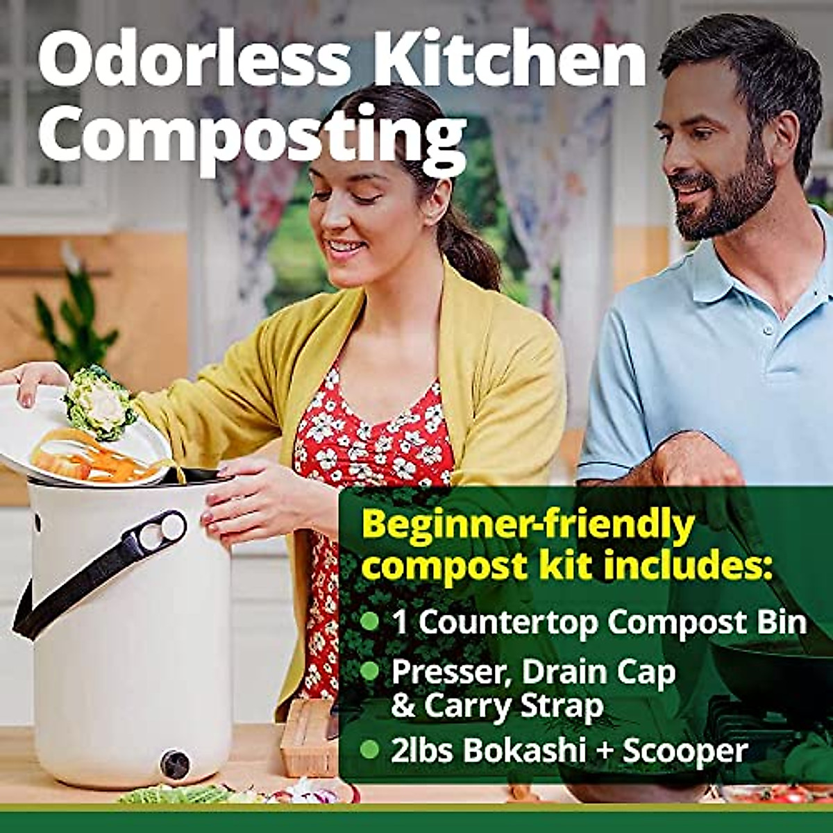 TeraGanix Organko Odor Free Compost Bin, Indoor Compost Starter Kit w/ 1 Lb Bokashi Bran, Countertop Kitchen Compost Bin, Airtight Seal, Spigot, Dishwasher Safe (Cream)