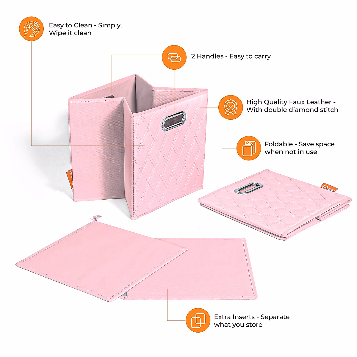 JIAessentials 11 inch Pink Foldable Diamond Patterned Faux Leather Storage Cube Bins Set of Two with Handles for living room, bedroom and office storage