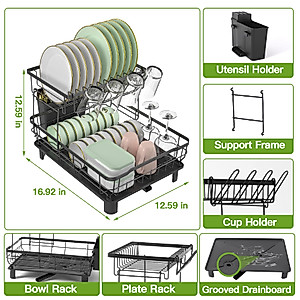 ORZ Dish Drying Rack, Dish Racks for Kitchen Counter, Black Metal Dish Drainer, Compact Dish Drying Rack with Drainboard, Kitchen Drying Rack for Dishes (Black 2 Tier)