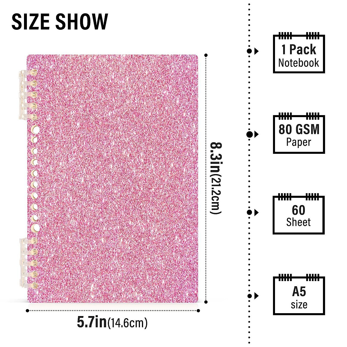 Coikll Pink Glitter Texture Spiral Notebook Detachable Ruled Wirebound Paper Durable Spiral Binding Note Book for Work, Writing, Journaling-60 Sheets