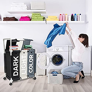 3 Section Laundry Hamper with Lid and Wheels, 140L Large Capacity Rolling Laundry Basket with Lid, Dirty Clothes Laundry Sorter Hamper with Handle for Laundry Dorm Room