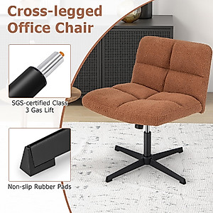 COSTWAY Cross Legged Office Chair, Armless Wide Seat Swivel Desk Chair No Wheels, Height Adjustable Mid Back Computer Task Chair, Modern Faux Lamb Fleece Vanity Chair for Home Office (Brown)