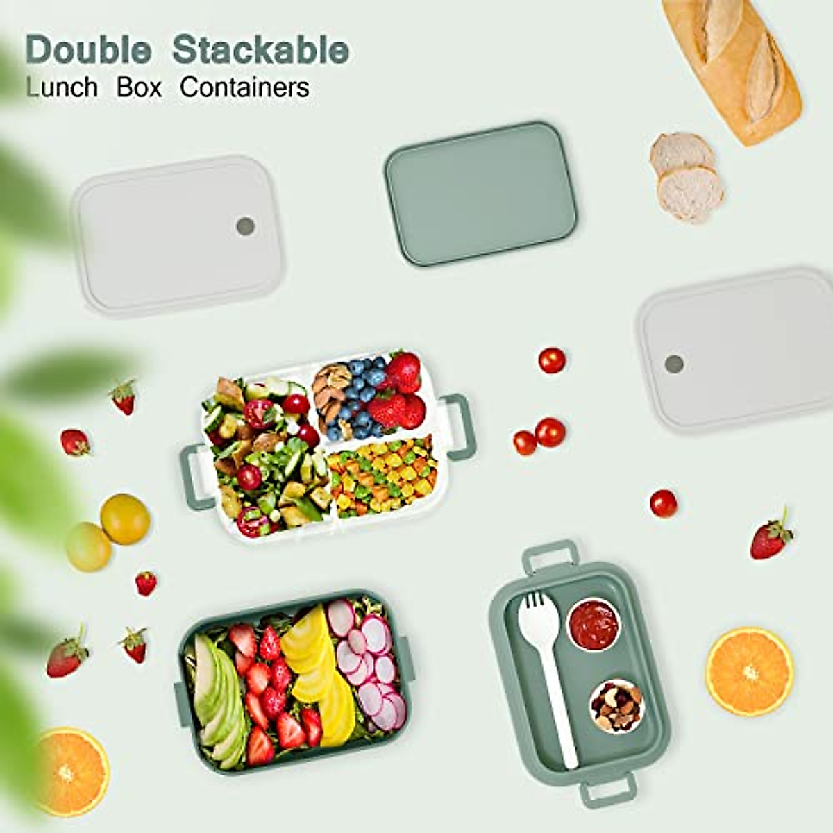 KEMETHY Bento Box Adult For Lunch, Stackable Large Capacity Containers with Tableware and Sauce Cups for Adults, Leak-Proof 2000ML/68OZ Green