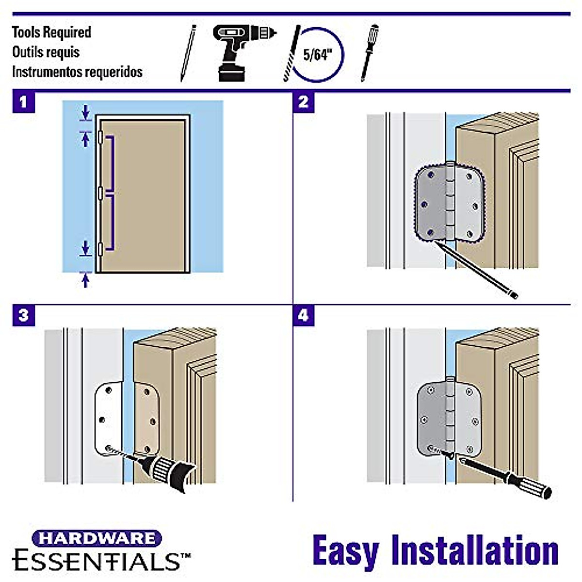 Hardware Essentials 854321 Round Corner Squeak-Proof Door Hinges, 3-1/2 inch, 3-1/2", Satin Nickel, 3 Pieces