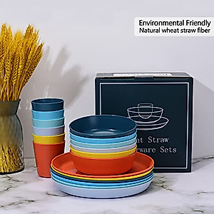Large Plates and Small Bowls Kid Cups Set Wheat Straw Microwave Safe Dinnner Plates for Pasta,Cereal, Salad，Side Dishes,Kitchen,Camping, RV 【Set of 18】