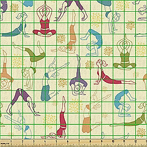 Ambesonne Yoga Fabric by The Yard, Workout Themed Fitness Girls Pattern Abstract Meditation Postures Arrangement Asian, Decorative Fabric for Upholstery and Home Accents, 1 Yard, Cream Red