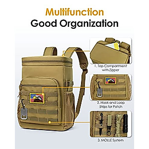 TACTICISM Backpack Cooler 38 Cans Tactical Lunch Backpack for Men Work - Molle Soft Cooler Backpack Insulated Waterproof Leak Proof - Camping Beach Kayaking Hiking Fishing Accessories - Brown