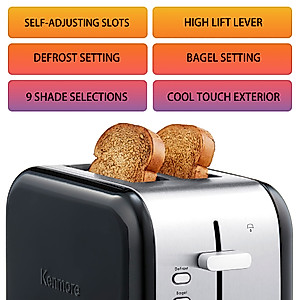Kenmore 2-Slice Toaster, Black Stainless Steel, Extra Wide Slots, Bagel and Defrost Functions, 9 Browning Levels, Removable Crumb Tray, for Bread, Toast, English Muffin, Toaster Strudel