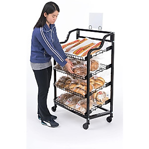 Displays2go Wheeled Metal Rack with Four Tilting Wire Shelves, Black (BAKCRT4NBK)