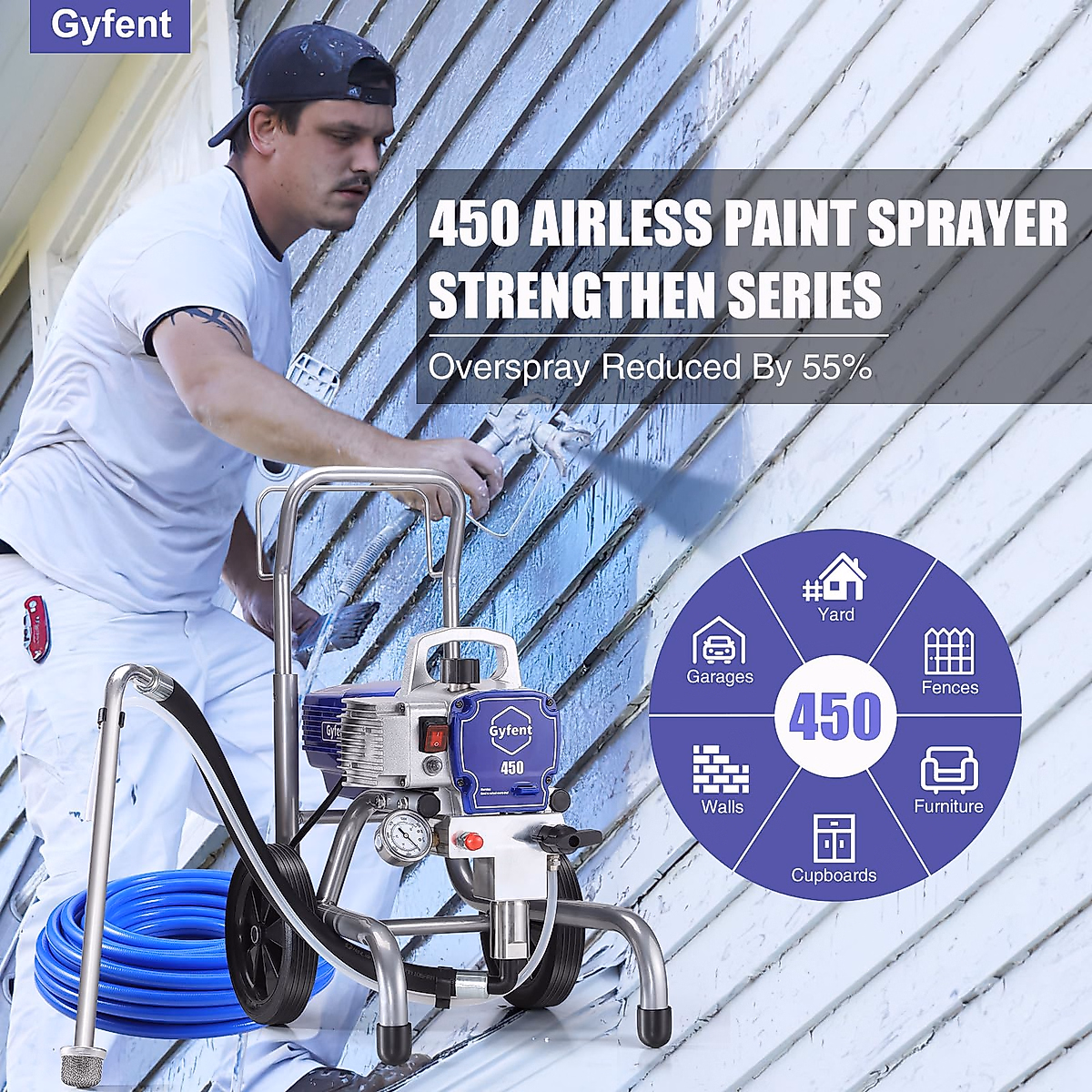 Gyfent 450 Airless Paint Sprayer, 0.47GPM Paint Sprayer for Home Interior 3300psi High Efficiency Airless Sprayer with Low Overspray 900W Electric Paint Sprayer for House Painting Townhouse