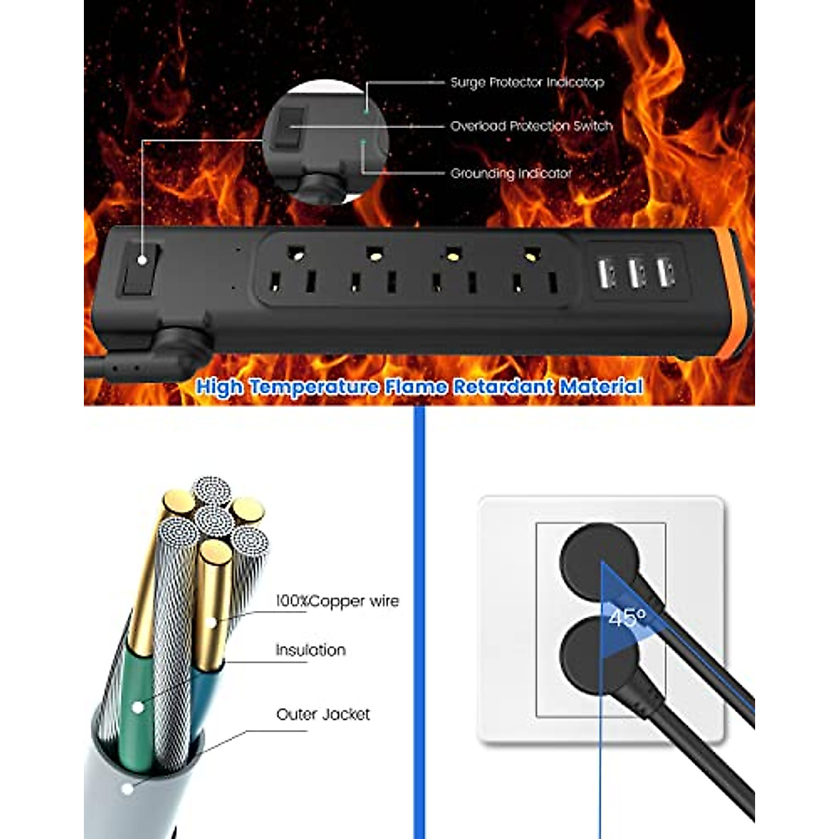 Power Strips Surge Protectors 【2 Pack】 6-Foot Long Black Outlets Surge Protector Outlet Flat Plug with 3 USB Ports 4 Outlet Extender 900J Overload Protection 1875W/15A Total 5V/3A Black