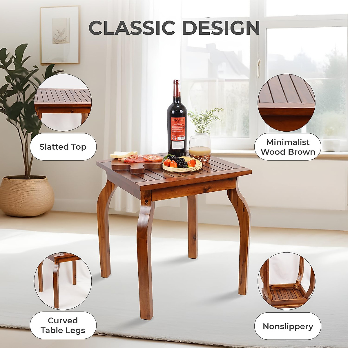 Nabytok 20" Coffee Table 100% Acacia Wood, Farmhouse Side Table, Small Side Tables, Slatted Top, Curve Table Legs, Narrow Nightstand, Wooden End Table for Entrway, Living Room, Bedrooom, Kitchen