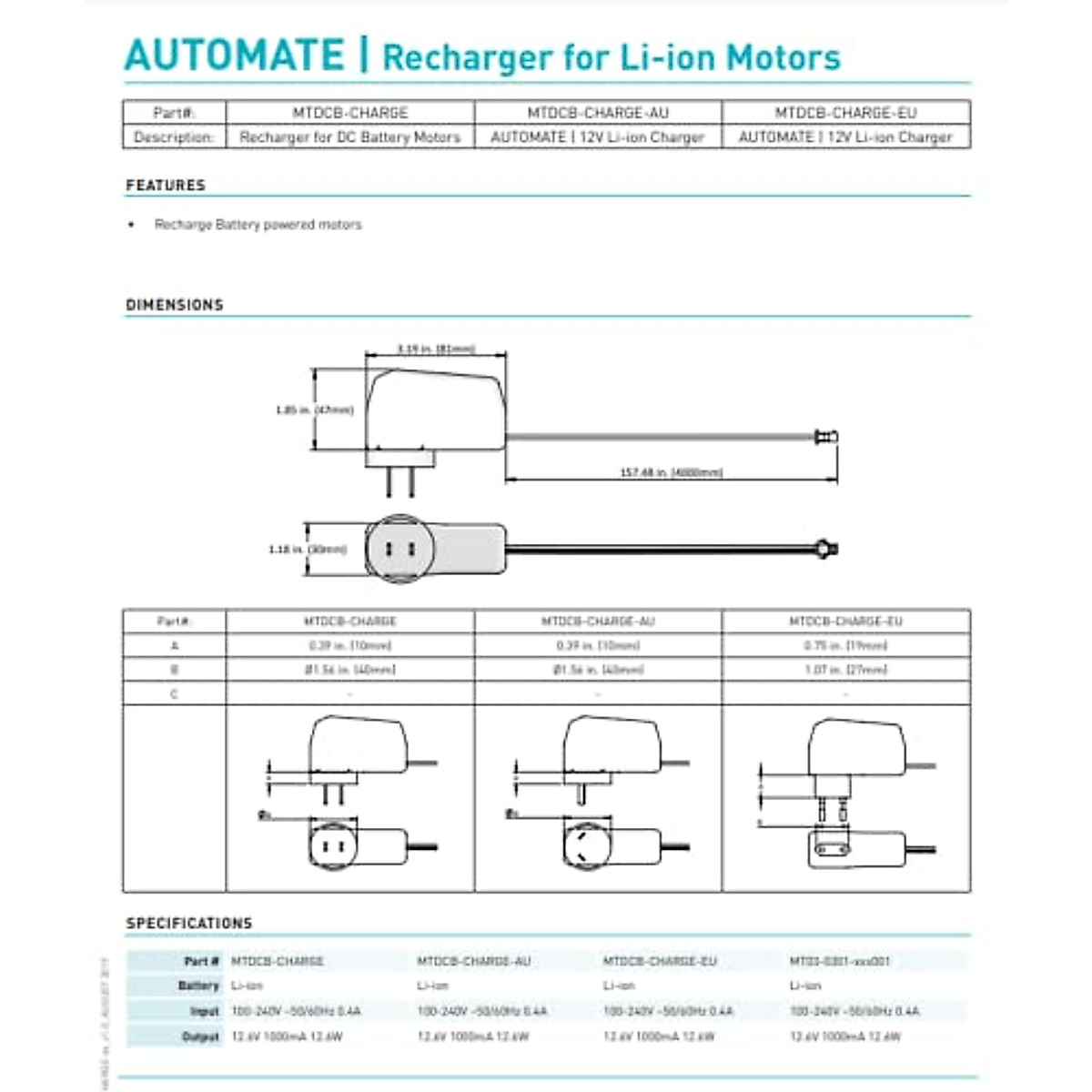 Ardour Van Automate Rollease 12V Li-ion Battery Charger for Motorized Roller Shades