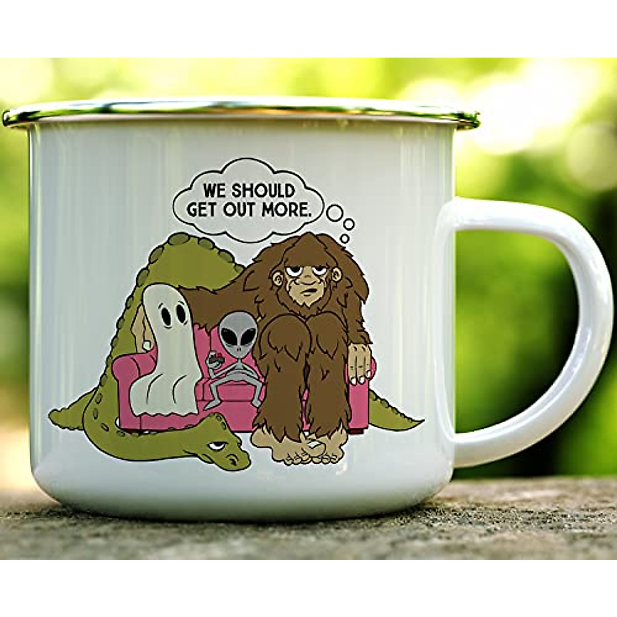 Funny Bigfoot Sasquatch Alien Ghost Loch Ness Monster Enamel Campfire Mug, Paranormal Cryptid Cryptozoology Gift, Outdoor Camping Coffee Cup (16oz)