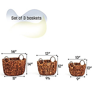 Trademark Innovations Set of 3 Round Hyacinth Baskets with Stainless Steel Handles-Rich Chocolate Finish